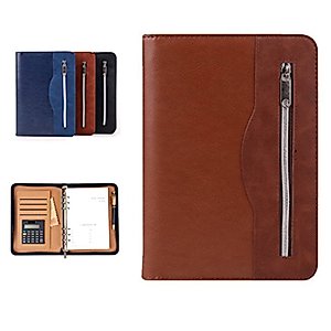 SAYEEC Leather Portfolio Notebook Binder with Calculator A5 6 Ring Refillable Budget Planner Binder Cover with Zipper Zippered Padfolio Organizer Business Journal Conference Folder Gifts for Men Women