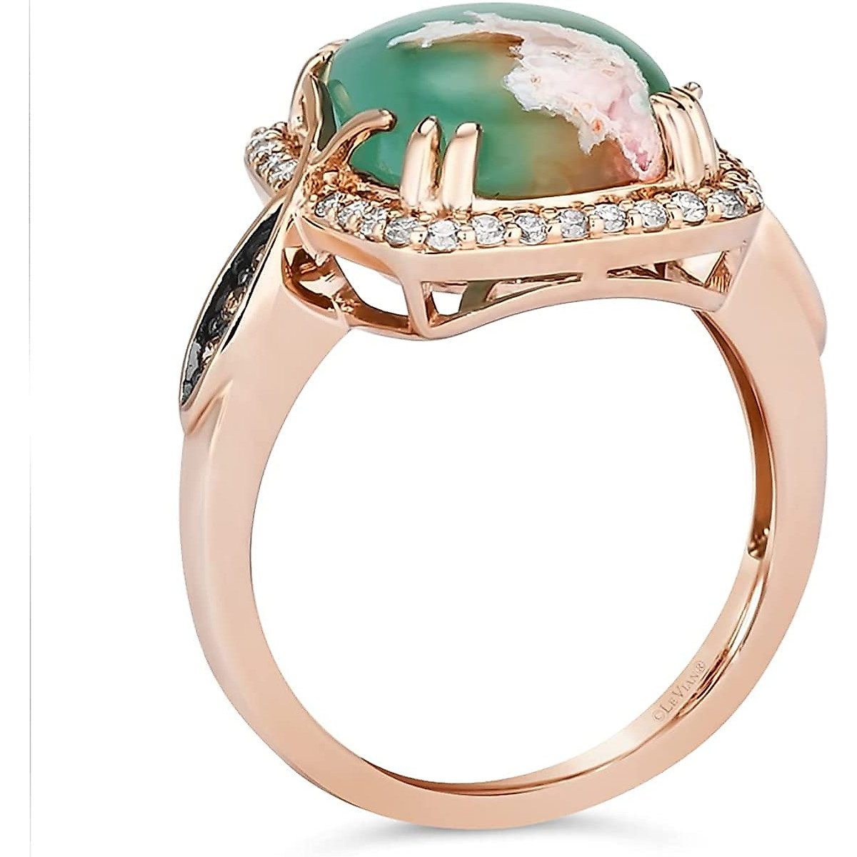 LE VIAN 4 2/3 Carat Cushion Shaped Green Aquaprase Cabochon White Topaz and Smokey Quartz Halo Statement Ring for Women in 14k Rose Gold Plated 925 Sterling Silver Promise Anniversary Ring Size 10