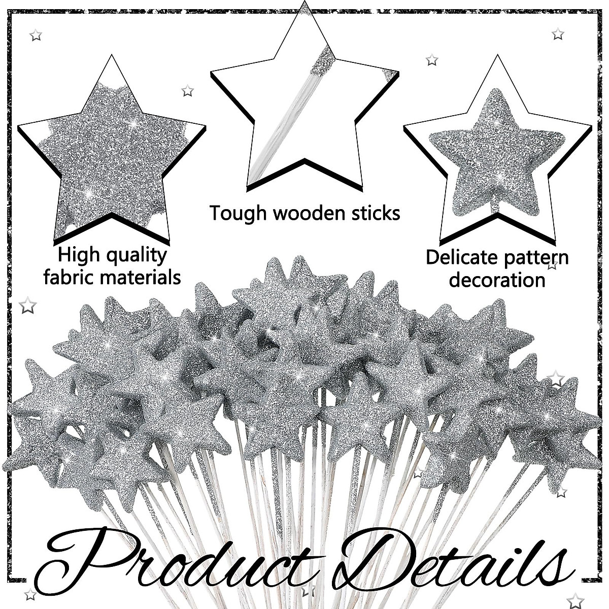 Suzile 60 Pcs Star Floral Picks Silver Glitter Star Pick 7.9'' Star Centerpiece Twinkle Star Stem Puffy Foam Stars Stick Decor Wedding Bridal Baby Shower Birthday Christmas Party