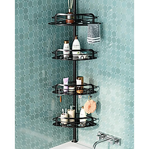 EUHOME Shower Caddy Tension Pole, Corner Shower Caddy Tension Rod 4 Adjustable Shelves Standing Shower Caddy for Bathroom Organizers Storage, Black