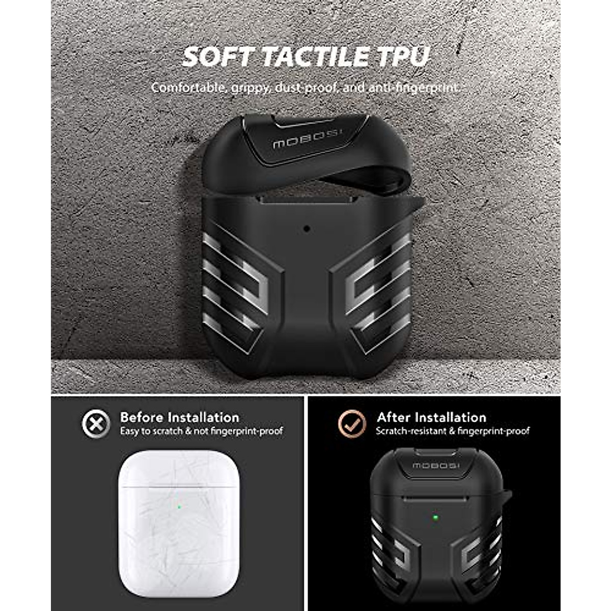MOBOSI Military AirPods Case Cover Designed for AirPods 2 & 1, Full-Body Protective Vanguard Armor Series AirPod Case with Keychain for AirPods Wireless Charging Case, Black [Front LED Visible]
