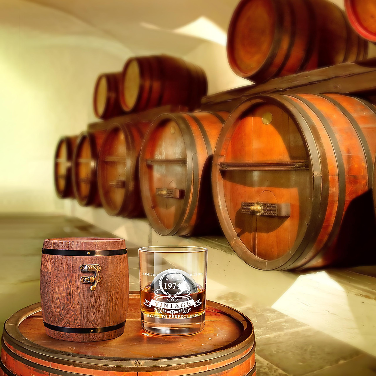 LIGHTEN LIFE 50th Birthday Gifts for Men,1974 Whiskey Glass Set in Barrel Box,50 Years Old Gifts,50th Birthday Gift Ideas,1974 Birthday Gifts for Dad Husband,50th Birthday Decorations for Men