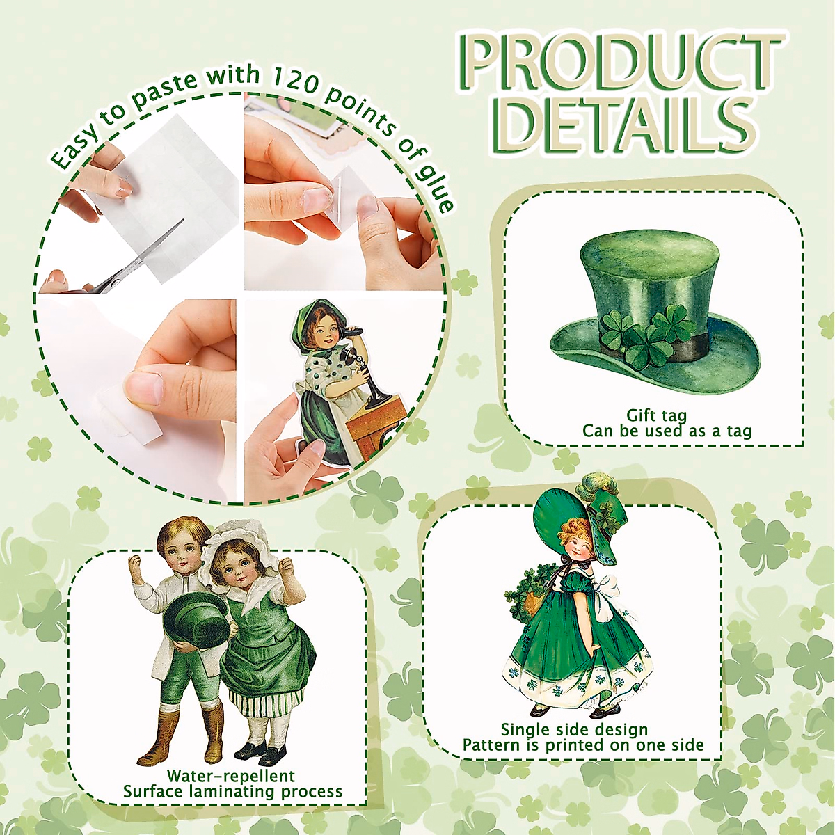 72 Pcs Vintage St Patricks Day Cutouts Retro St Patricks Day Decor Green Shamrock Paper Cutouts for Irish Holiday Party Bulletin Board Classroom Decorations (Shamrock)