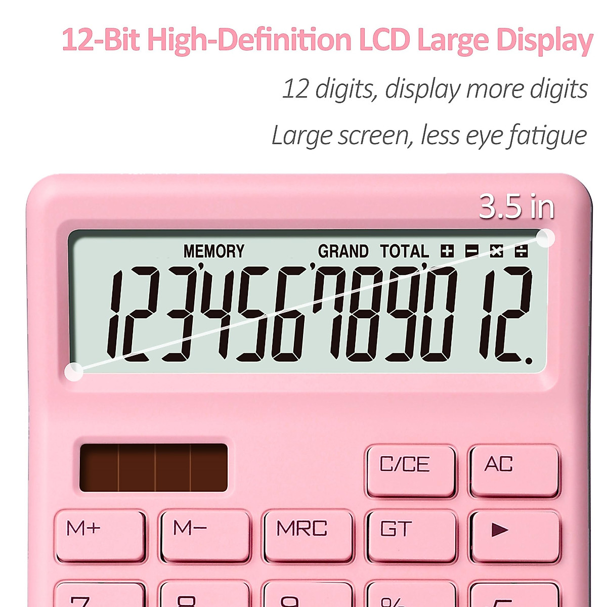 Exlliy Desk Calculator 12 Digit,Pink Desktop Dual Power Battery and Solar,Desk Calculators with Large LCD Display,Perfect for Home, Office,and School Use,Auto Sleep