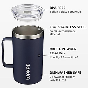 BJPKPK Insulated Coffee Mug with 2 Lids, 25oz Stainless Steel Insulated Tumbler with Handle, Double Wall Vacuum Coffee Cup, BPA Free Leak Proof Thermos for Travel & Home, Navy Blue