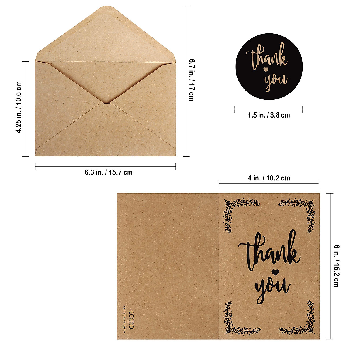 caqpo Thank You Cards With Envelopes - 160 Sets Premium Kraft Thank You Cards Bulk - Thank You Notes with 8 Graceful Designs - Floral Thank You Card for Celebration, Wedding, Baby & Bridal Shower 4x6
