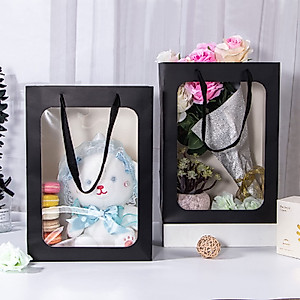 Sdootjewelry 10pcs Black Gift Bag with Transparent Window, 13.8''×7.1''×9.8'' Window Gift Bags with Handles, Flower Bags for Bouquets, Kraft Paper Gift Bags for Party Wedding Shopping Retail