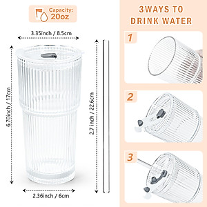 Icesip 20 oz 4 Pcs Drinking Glass Set with Straw and Lid Vertical Stripes Ribbed Iced Coffee Mugs Vintage Glass Cup for Tea Juice Soda Smoothie(Clear*4)