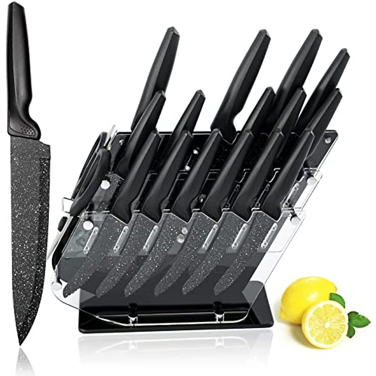 Knife Set, 17 Pcs Kitchen Knife Set, Chef Knife Block Set, German Stainless Steel Cooking Knife Set & Acrylic Stand, Kitchen Scissors, 6 Steak Knives