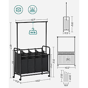 SONGMICS 4-Section Laundry Sorter, Rolling Laundry Cart with Hanging Bar, Laundry Organizer, Hampers for Laundry, Heavy-Duty, Lockable Wheels, 4 x 13.2 Gal., Black URLS44B