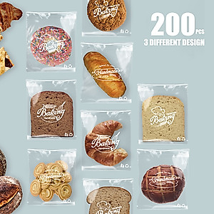 200pcs 6 x 7 Inch Baking Patterns Self Adhesive Packaging Bags, Clear Plastic Bags, Self Sealing Cellophane Bags Thick OPP Resalable Treat Bags for Packaging Bakery, Cookies, Homemade Bread Daily Use