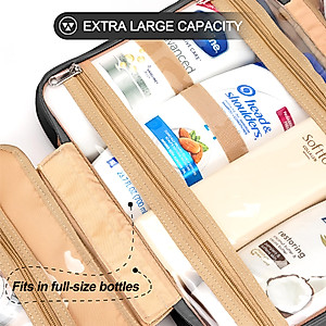 COOSKY Travel Hanging Toiletry Bag for Women, Holds Full-Size Shampoo, with Jewelry Organizer Compartment, Extra Large Makeup Bag, Waterproof Cosmetic Bag, Toiletries Kit Set with Trolley Belt, Black