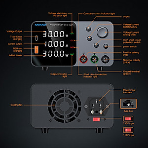 DC Power Supply, 30V 10A Bench Power Supply with Encoder Adjustment, 5V/3.6A USB&Type-C Quick-Charge, Variable Power Supply with Output Enable/Disable Button, Short Circuit Alarm (0-30V 0-10A)