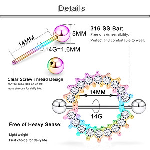 Ftovosyo 20Pcs Nipple Ring 14G Surgical Steel Tongue Nipplerings Barbell Bar Hoop Rings Retainer CZ Heart Chain Dangle Nipple Piercing Jewelry for Women Men 14MM (9/16 Inch) Rainbow