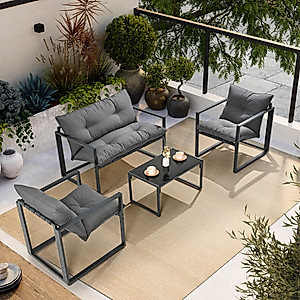 Pamapic 4 Pieces Patio Furniture Set, Balcony Furniture Set with Removable Cushions, Iron Outdoor Patio Furniture with Glass Top Coffee Table for Backyard, Balcony, Porch, Poolside,Gray