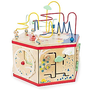 Wooden Activity Cube XL Size by Small Foot – Classic 7-Sided Interactive Toy with Bead Maze, Puzzle, Shape Sorter, Clock & Wheels - Develops Kids Dexterity, Motor Skills – Age 12+ months