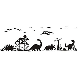 Large Size (51"X 16.5") Wall Decal Sticker Dinosaur Animal Forest Tree Bird Home Decor Bedroom Living Room Jurassic Park Dino Decals Nursery Wall Art Poster WS94 (Black)