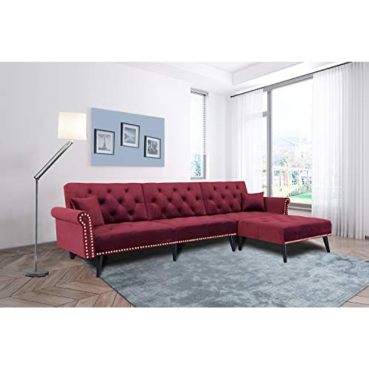 Peciafy Modern Reversible Sectional Sofa Couch for Living Room L-Shape Sofa Couch 3-seat Sofas Solid Wood Legs for Small Space, Decor with Metal Nails - Wine Red
