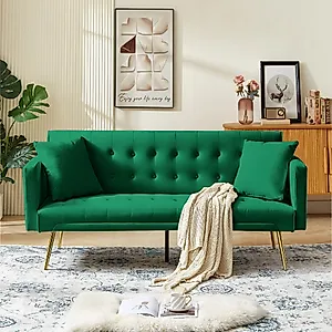 72"Modern Velvet Sofa Bed Futon,Convertible Folding Sleeper Bed Couches with 3 Adjustable Backrests,Tufted Recliner Love Seat with Golden Chrome Legs for Living Room Apartment Home Office (Green)
