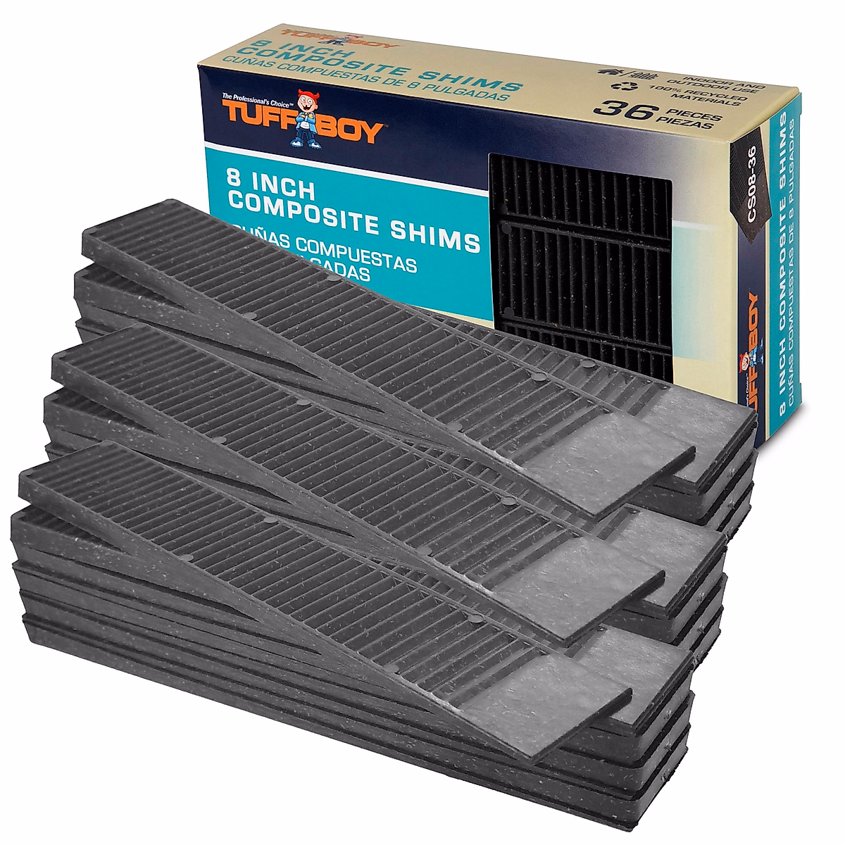 TUFFBOY Composite Shims and Leveling Wedges (36 Pack, 8") - Made in USA - Extreme Load Support Plastic Shims for Leveling - Table, Floor, Doors, Toilet, and Furniture Levelers