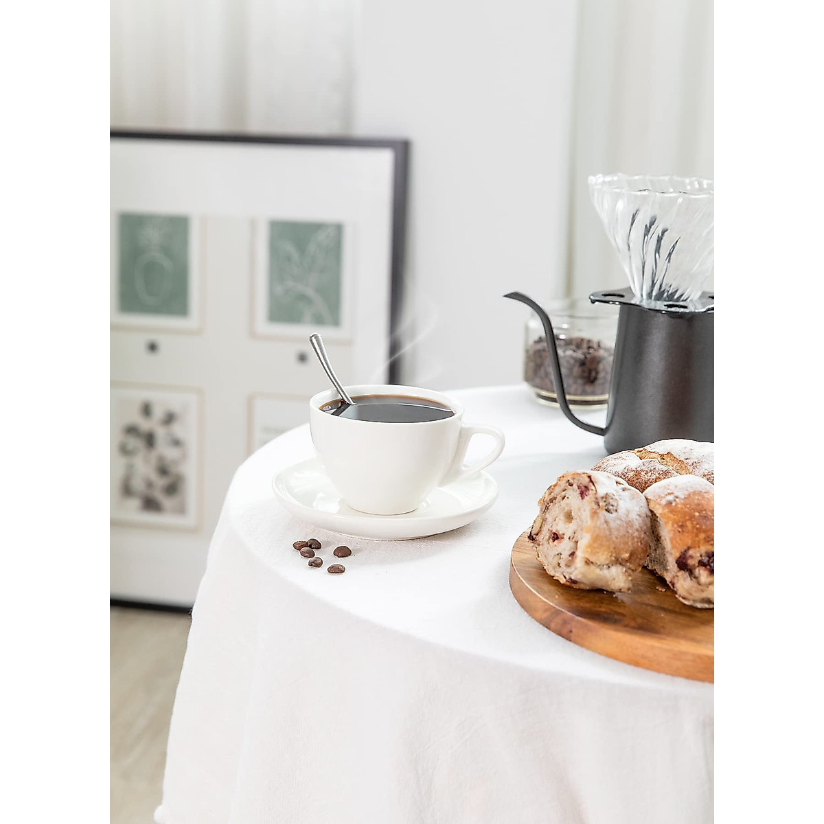 Sweese 6 Ounce Cappuccino Cups with Saucers, Porcelain Double Espresso Cups Set of 6 - White