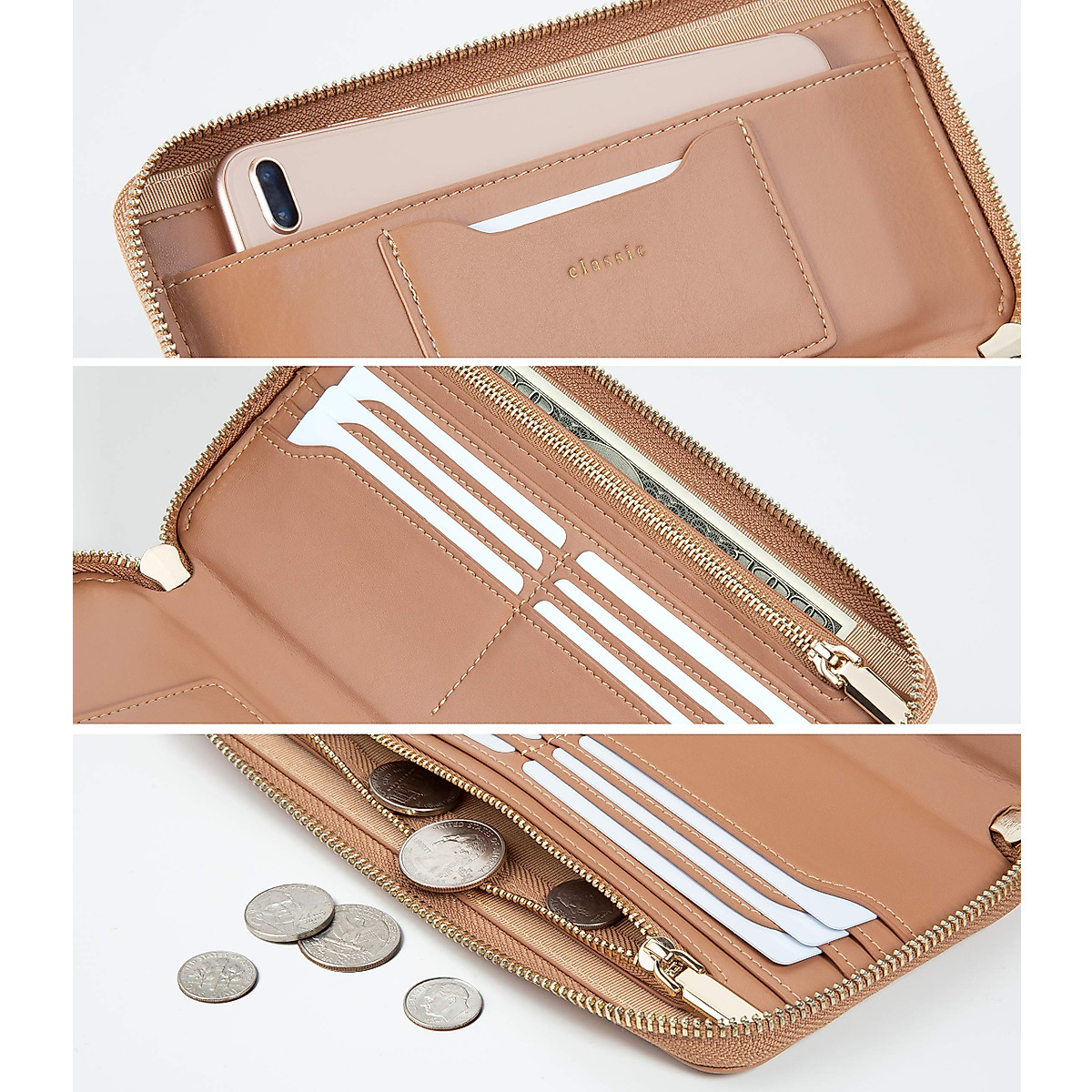 SERMAN BRANDS Women's Classic Clutch Wallets for Women RFID Blocking. Black Purse Card Wallet w. Phone Holder (Iconic)