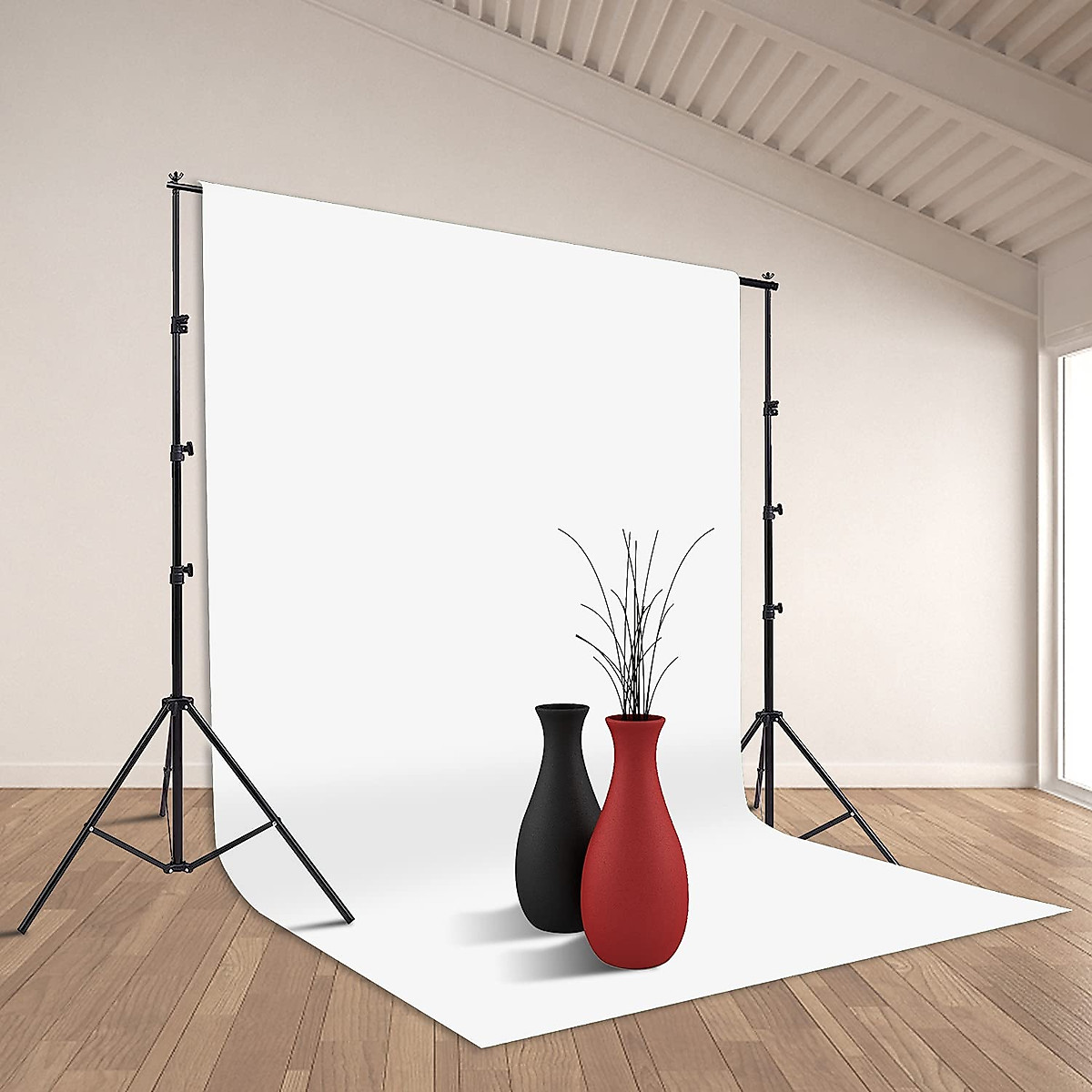 HYJ-INC Photo Background Support System with 8.5 x 10ft Backdrop Stand Kit, 100% White Cotton Muslin Backdrop,Clamp, Carry Bag for Photography Video Studio