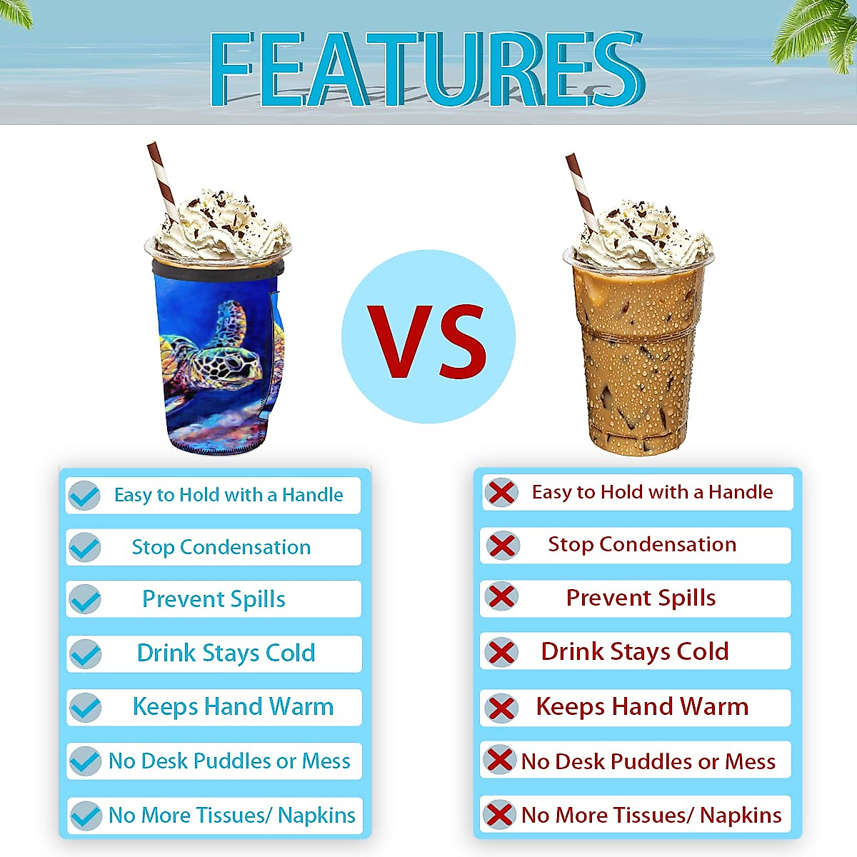 Reusable Iced Coffee Cup Sleeve Sea Turtle Ocean Neoprene Insulated Sleeves Cup Holder with Handle Tumbler Sleeve Insulator Sleeves for Cold Hot Drinks Beverages 32oz