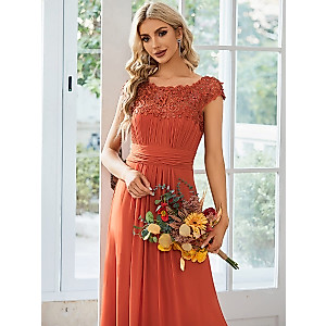 Ever-Pretty Women's Cap Sleeve Ruched Lace A Line Round Neck Chiffon Formal Dresses Evening Gowns Burnt Orange US14