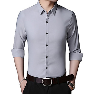 Men Lightweight Casual Classic Dress Shirt Regular Fit Button Down Shirts Solid Turn-Down Collar Long Sleeve Shirt (Grey,185)