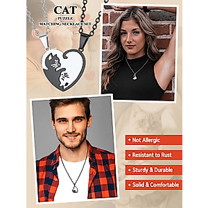 FaithHeart Cat Matching Necklace for Couple, Stainless Steel Puzzle Pieces BFF Pendants for Women, Cute Friendship Necklaces for 2 Ladies
