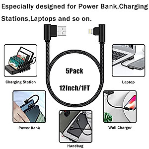 Osecet iPhone Charger 1ft 90 Degree Elbow 5 Pack MFi Certified Right Angle Lightning Cable 1 Foot Braided iPhone Charging Cable for iPhone 13 12 11 Pro X XS XR 8 Plus 7 6 5(Black,1 Feet)