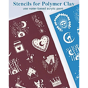 Puocaon Boho Clay Silk Screen - 6 Pcs Boho Moth Reusable Silk Screen Stencils for Polymer Clay Earrings Making, Crescent Moon Boho Sun Polymer Clay Silk Screen, Dreamcatcher Magic Book Silk Screen