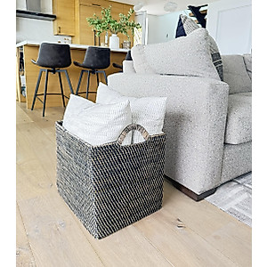 Loma Rectangular Rattan Storage Basket with Handles - Large - Black-Wash - Coastal-Inspired Handwoven Rattan Basket for Home Organization & Décor