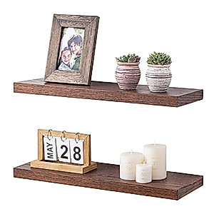 Floating Shelves, 8 Inch Deep Rustic Natural Oak Wall Shelves for Storage, Wall Mounted Wooden Display Shelving for Bedroom, Living Room, 24'' x 8'' Shelves, Dark Oak Color, Set of 2