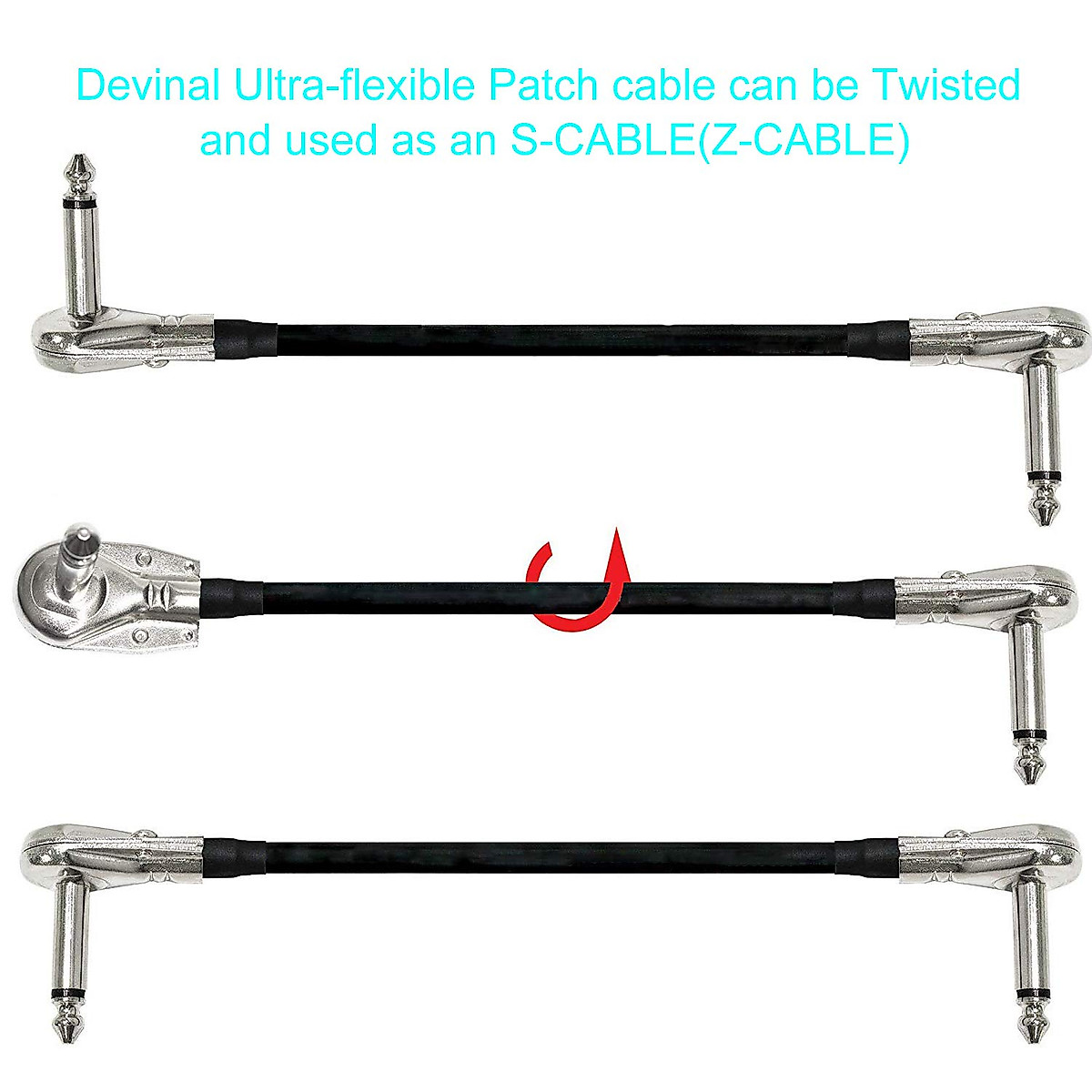 Devinal Guitar Patch Cable 12 inch, Instrument Effects Adapter Set 3 Pack, Pedal Boards Cord 1 feet kit, 1/4 Mono Right Angle Pancake Type Connectors, Ts Low-Profile Plug