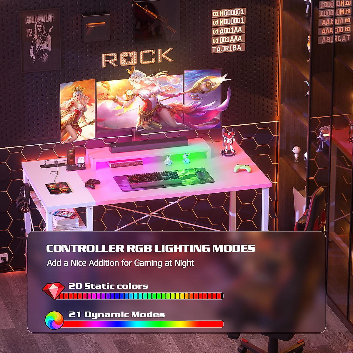 armocity Computer Desk with LED, Gaming Desk with Outlets, 40 Reversible Laptop Table with Monitor Stand, Small Desk for Small Spaces, Pink