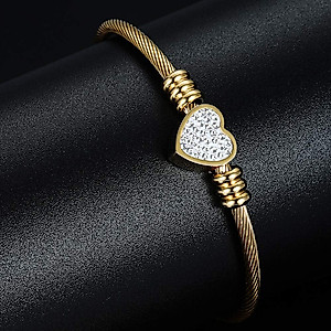 Jude Jewelers Stainless Steel Cable Wire Heart Charm Bangle Bracelet (Gold)