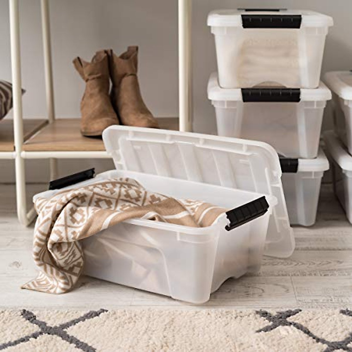 IRIS USA 12 Qt. Plastic Storage Container Bin with Secure Lid and Latching Buckles, 6 pack - Pearl, Durable Stackable Nestable Organizing Tote Tub Box Toy General Organization Small