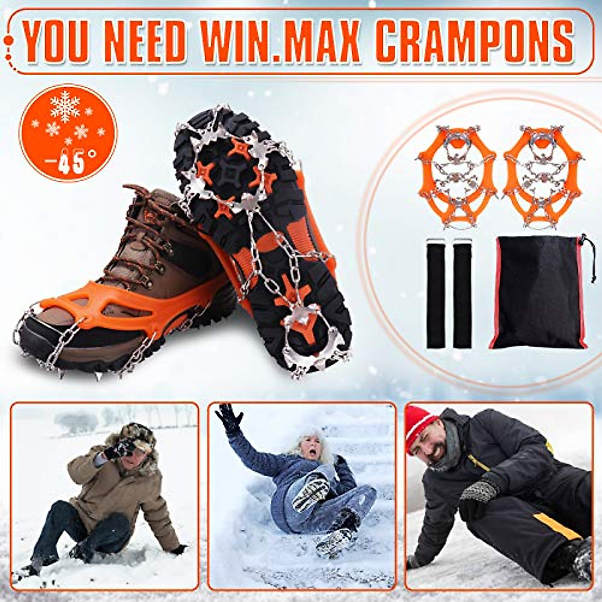 WIN.MAX Crampons for Shoes, Traction Cleats Ice Snow Grips with 19 Stainless Steel Spikes, Shoe Talons Anti - Slip Boots Spikes for Walking, Jogging, Climbing and Hiking (Orange, M)