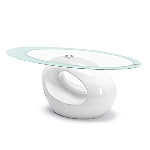 Modern White Glass Coffee Table for Living Room, with Glass Top & Glossy Solid Base for Storage, Sofa Side Central Table, Oval Glass Table Set for Living Room, Sitting Room