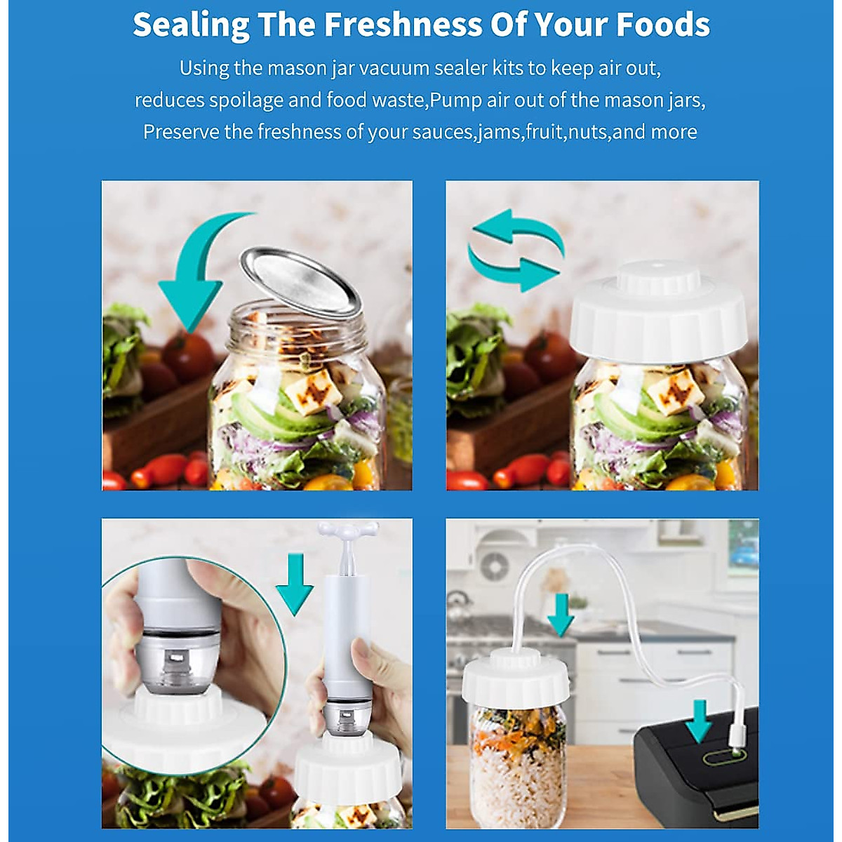 KLAZZ Mason Jar Vacuum Sealer With Accessory Hose for Wide & Regular Mouth Mason Jars, Compatible Kit with FoodSaver Vaccum & Other Vaccume Sealer Machines,Manual Portable Vacume Pump