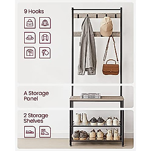 VASAGLE Coat Rack, Hall Tree with Shoe Storage Bench, Entryway Bench with Shoe Storage, 3-in-1, Steel Frame, for Entryway, 12.6 x 27.6 x 69.8 Inches, Industrial, Greige and Black UHSR41MB