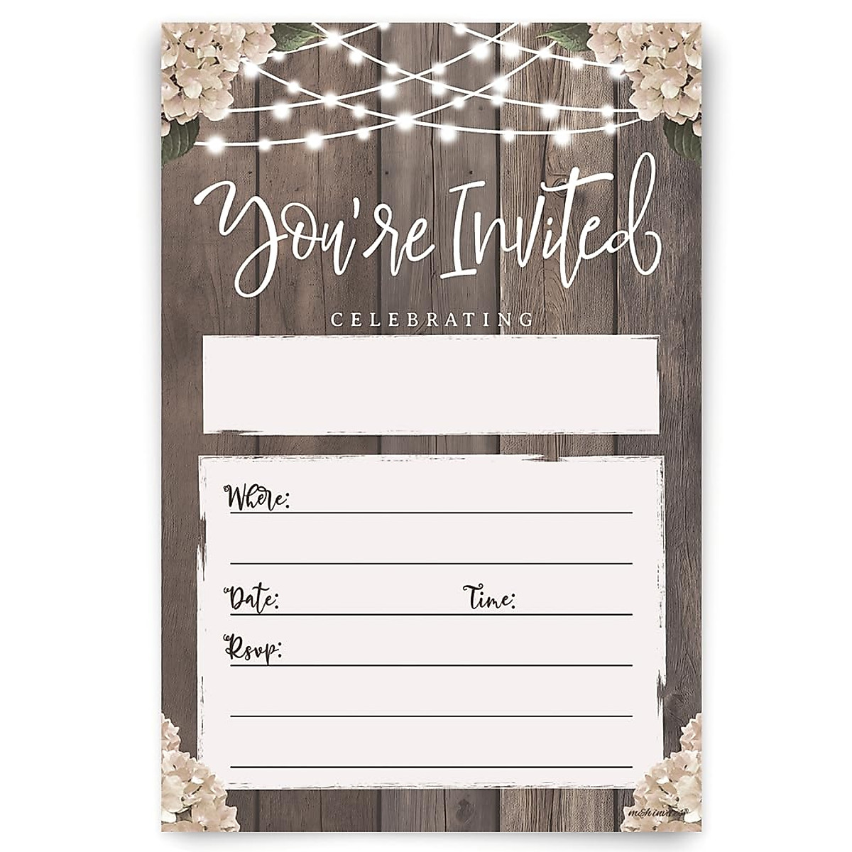 Bridal Shower Rustic Party Invitations - 20 Invites With Envelopes - Wood With String Lights Design - Wedding Reception, Engagement Party, Rehearsal Dinner Party, Milestone Birthday or Housewarming