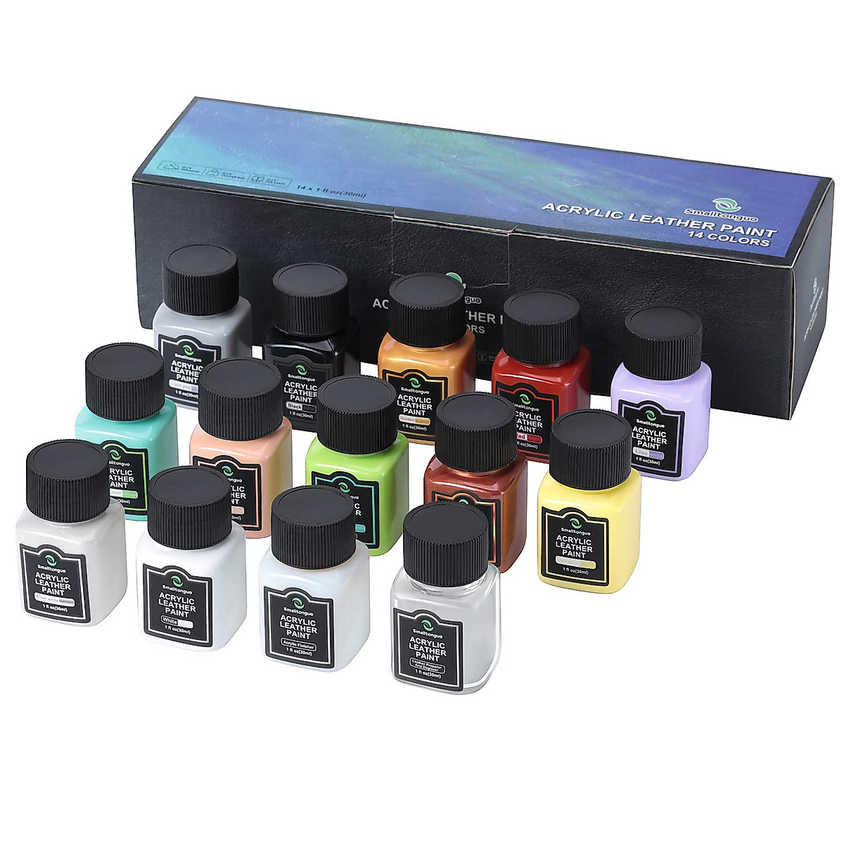 Smalltongue 14 Metal Colors Acrylic Leather Paint Kit, Acrylic Leather Paint kit for Shoe, Sneaker, Bag, Couches, Car Seat, Preparer and Finisher, Gift for Beginner