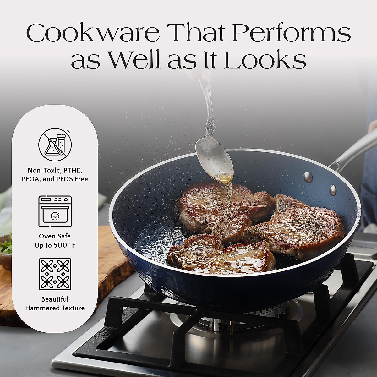 Orgreenic Luxurious Non-Stick Ceramic 12 Inch Blue Hammered Pan with Lid, Lightweight, Scratch-Resistant, Dishwasher Safe, Oven Safe up to 500°F