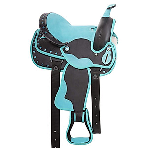 Acerugs 10" 12" 13" Synthetic Western Youth Kids SEAT Quarter Horse Saddle TACK PAD Headstall REINS Breast Collar Set (Turquoise, 12")