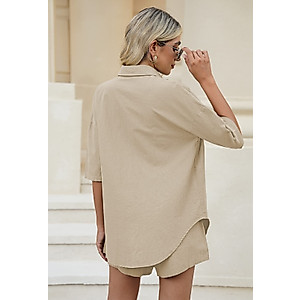 Meenew Women's 2 Piece Outfits Short Sleeve Shirt and Shorts Set Button Down Lounge Set Sweatsuits Pajama Set L Light Khaki