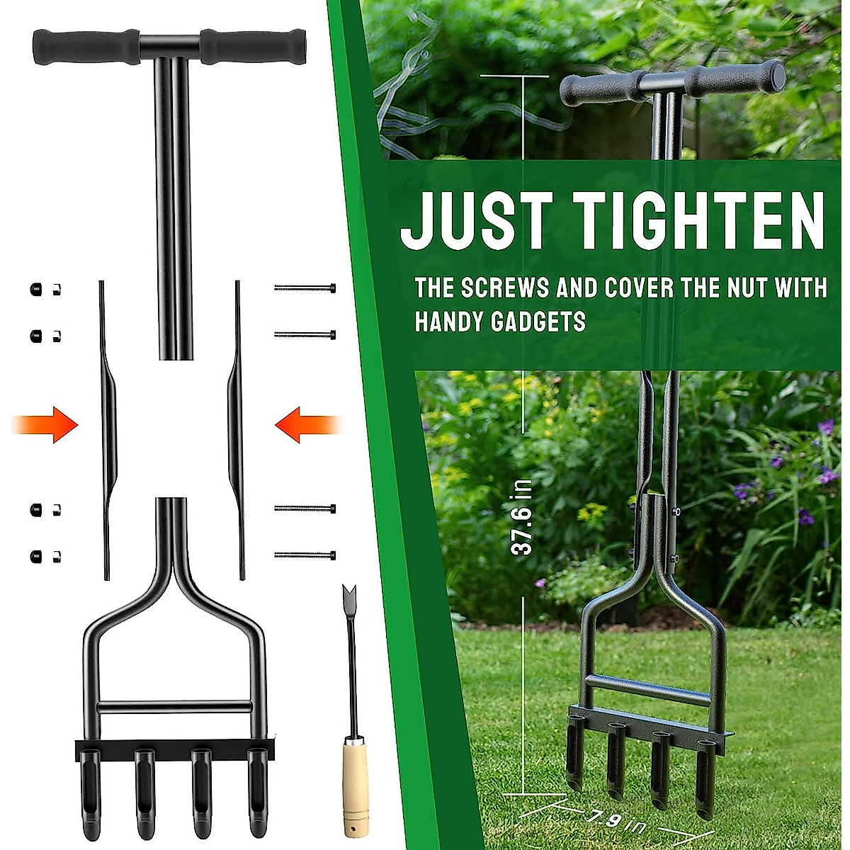 EEIEER Lawn Aerator Coring Tool, Manual Plug Core Aerators with Clean Tool, Upgarded Yard Aeration Tools with 4 Hollow Slots for Compacted Soils & Lawns Garden Care-37.6''