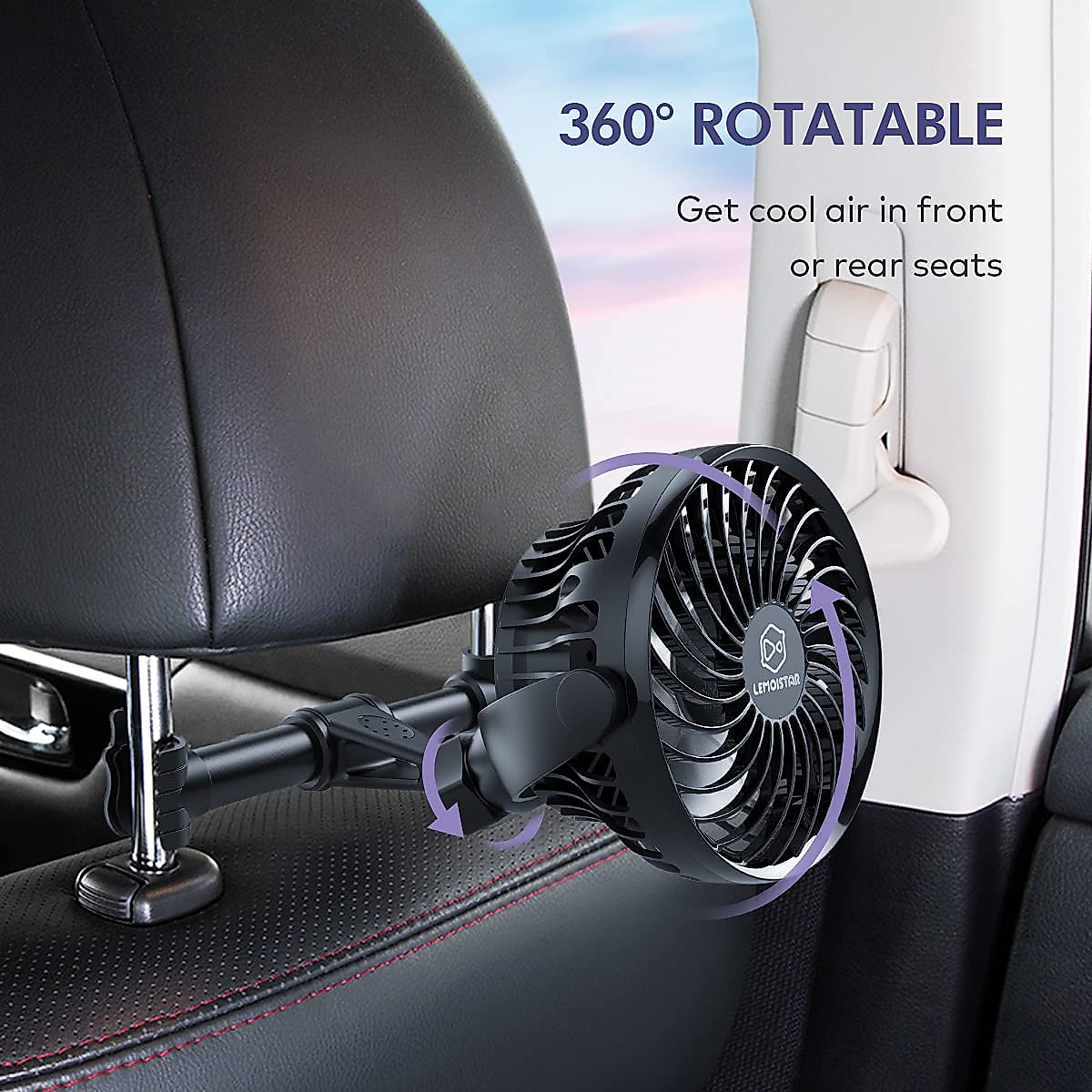 Retractable Portable Car Fans with 4 Speeds for Headrest and Rear Seat, Small Cooling Vehicle Air Fan, Quiet Operation, Rechargeable, Battery Operated,360 Degree Rotatable USB Fan for Baby, Puppy, SUV